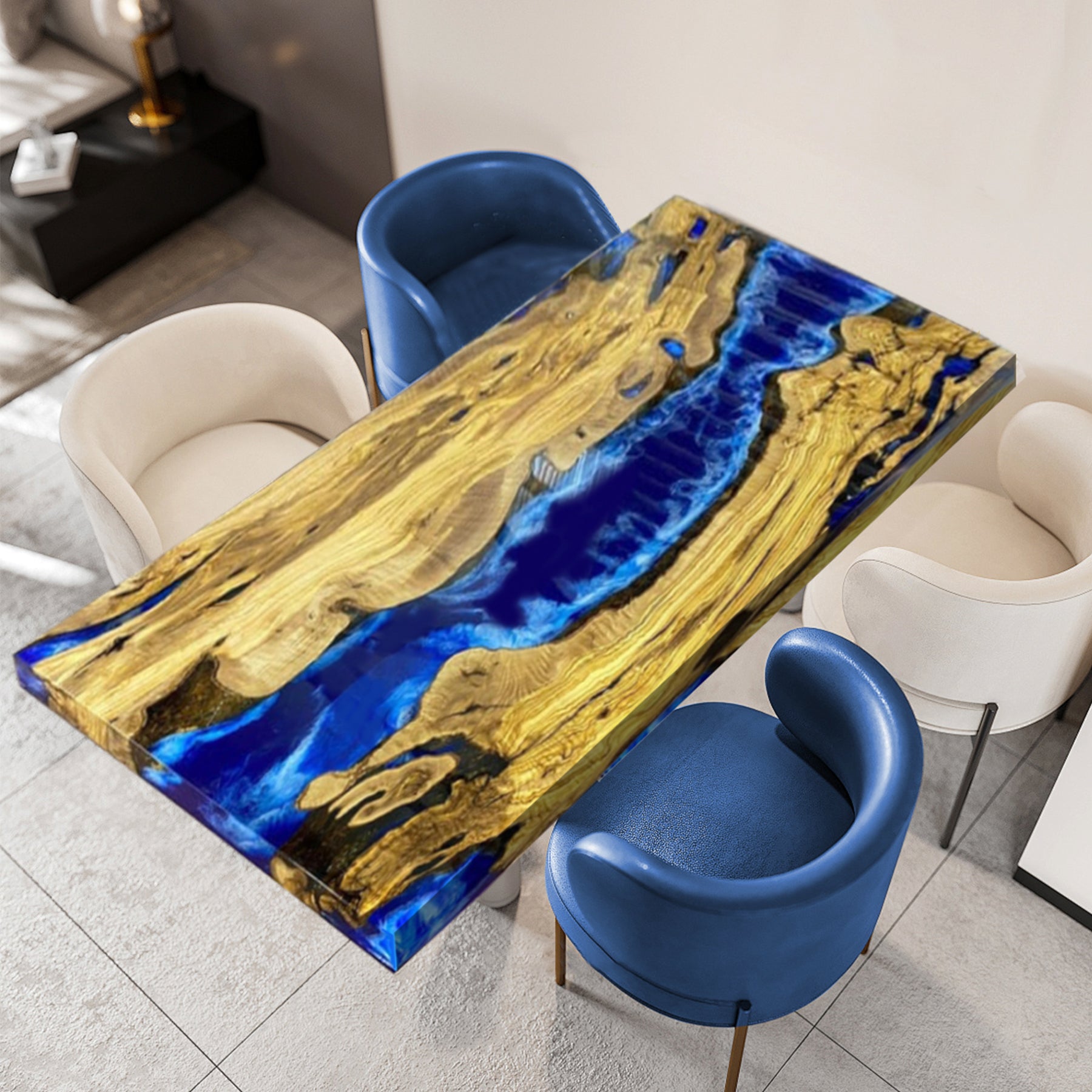 Custom Olive Wood Blue Epoxy River Table Top CRT-139 – SEAWAVETABLE