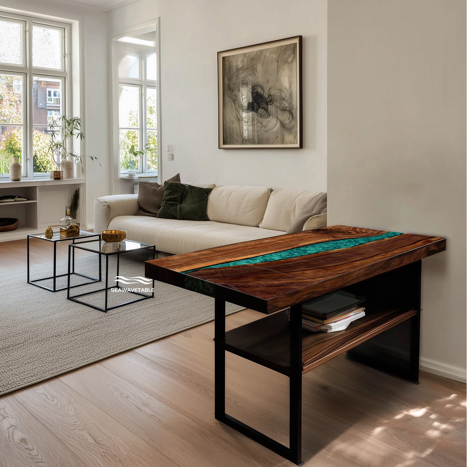 Modern CRT-024 Black Walnut Jade Oasis Epoxy Resin Console Table -– Cu ...