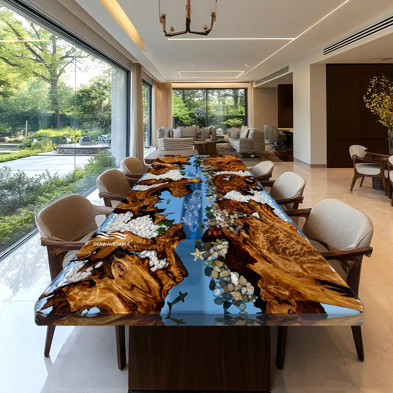 Ocean-Inspired Epoxy River Dining Table with Embedded Stones & Driftwo ...