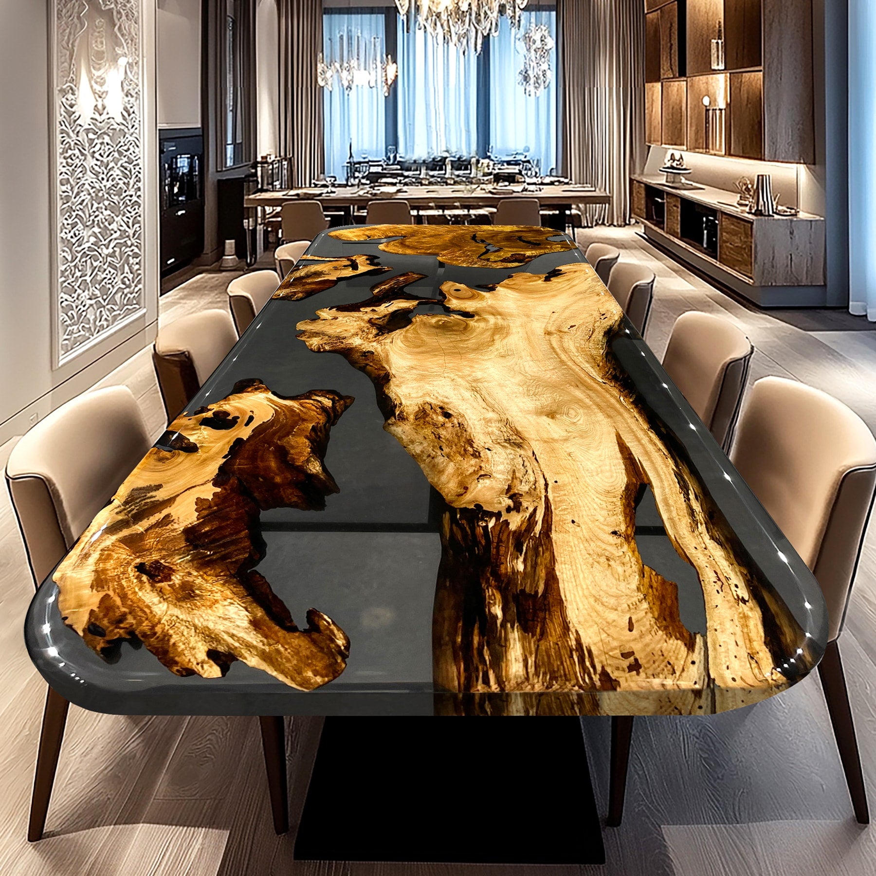 Custom Golden Camphor Epoxy Dining Room Table Top CRT-067 – SEAWAVETABLE