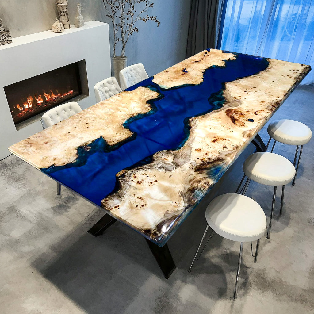 Custom Poplar Transparent Dark Blue Resin Table Top CRT-189 – SEAWAVETABLE