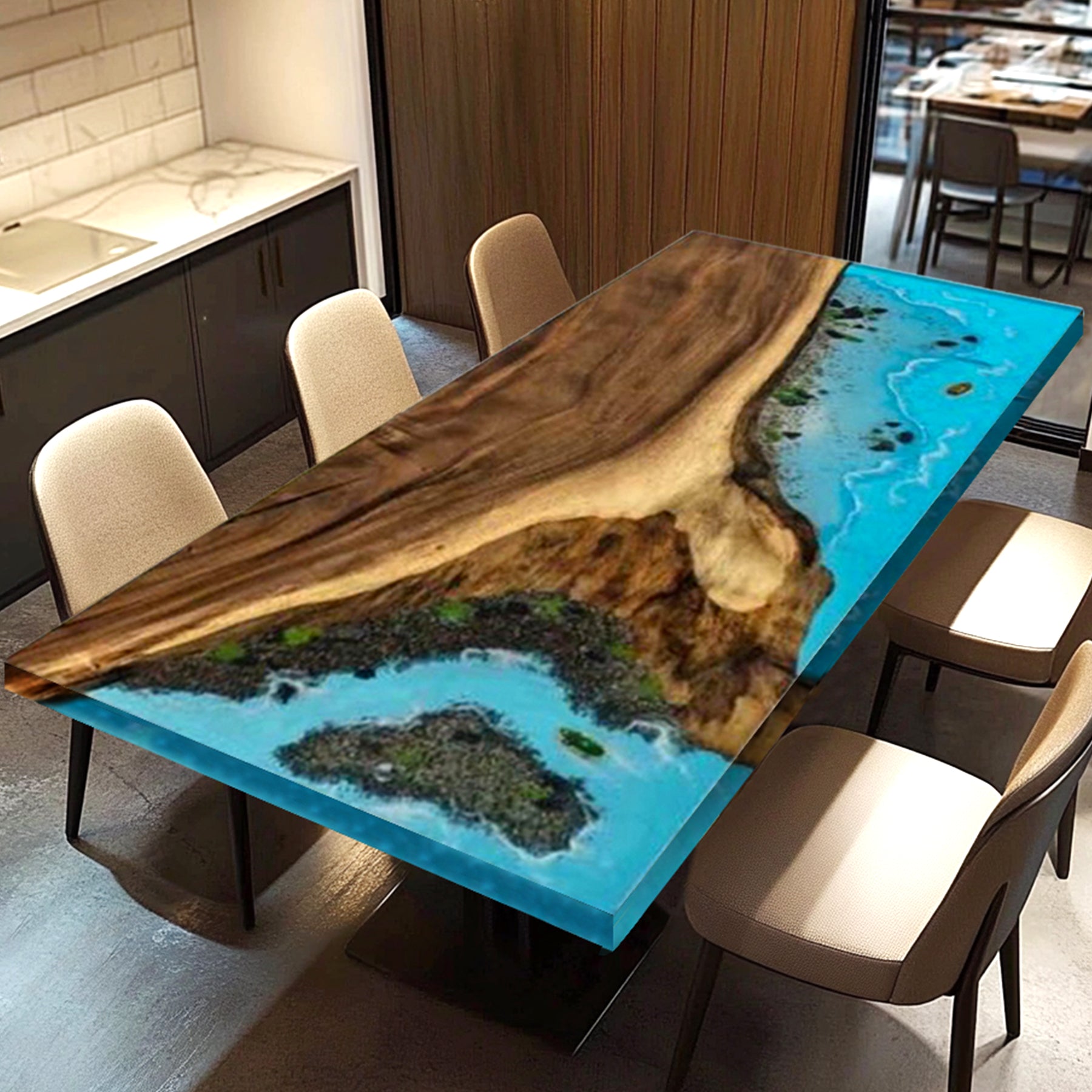 Custom Walnut Epoxy Islands Ocean Table CRT-160 – SEAWAVETABLE