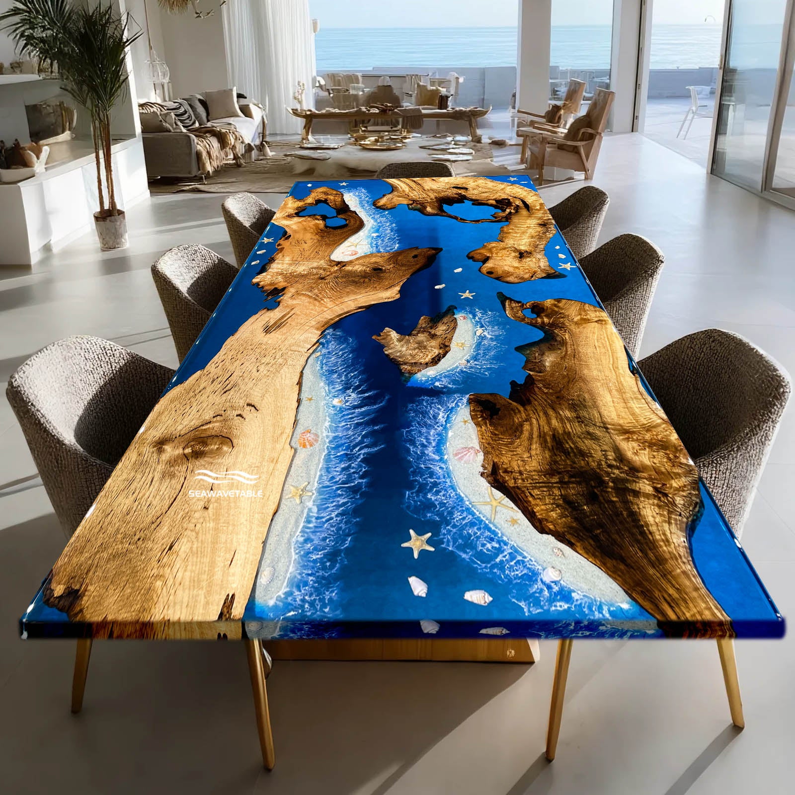 Handmade Blue Epoxy Resin Table with Sea Elements & High-Gloss Surface ...